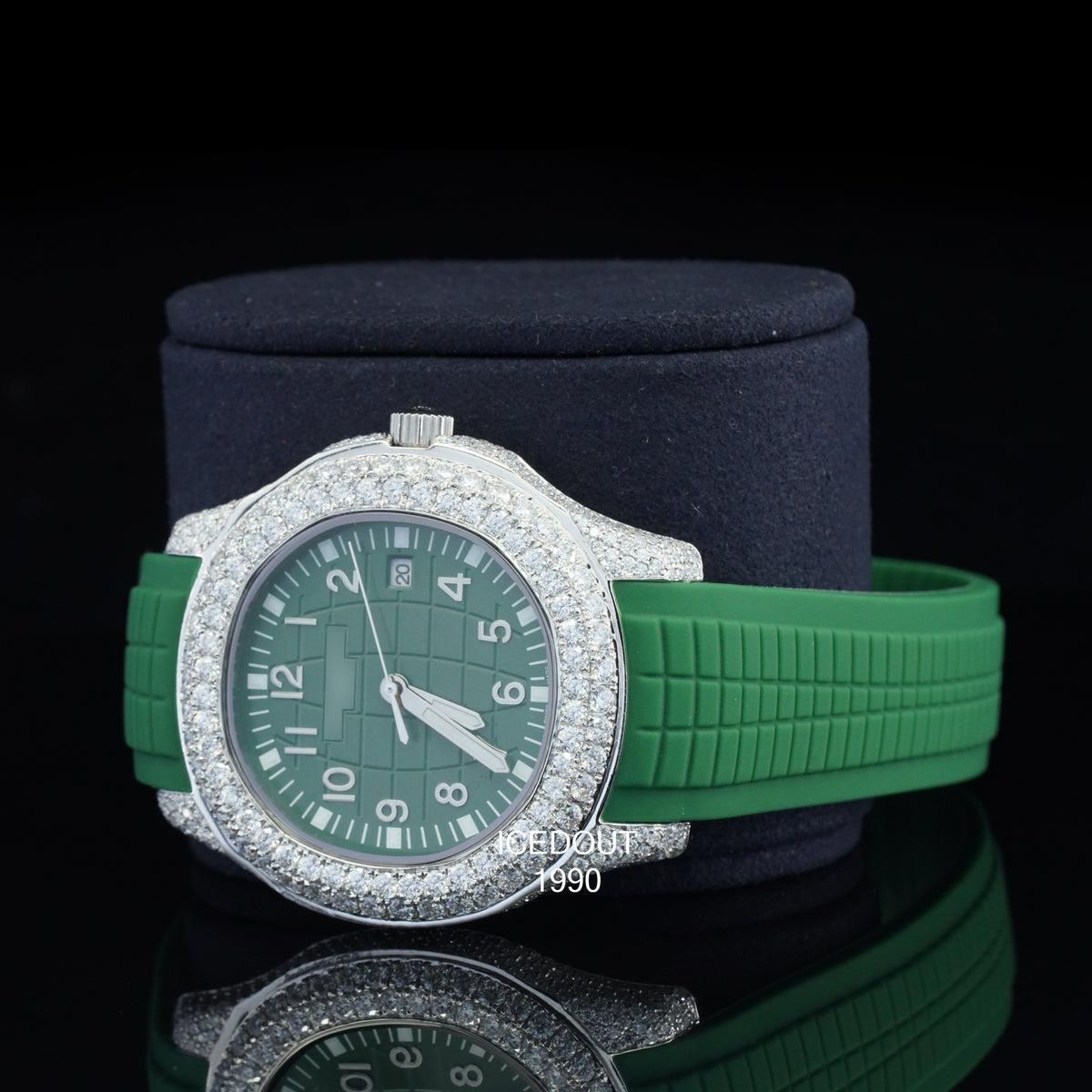 Moissanite Diamond Iced Out Green Color Rubber Belt Automatic Wrist Wa ...