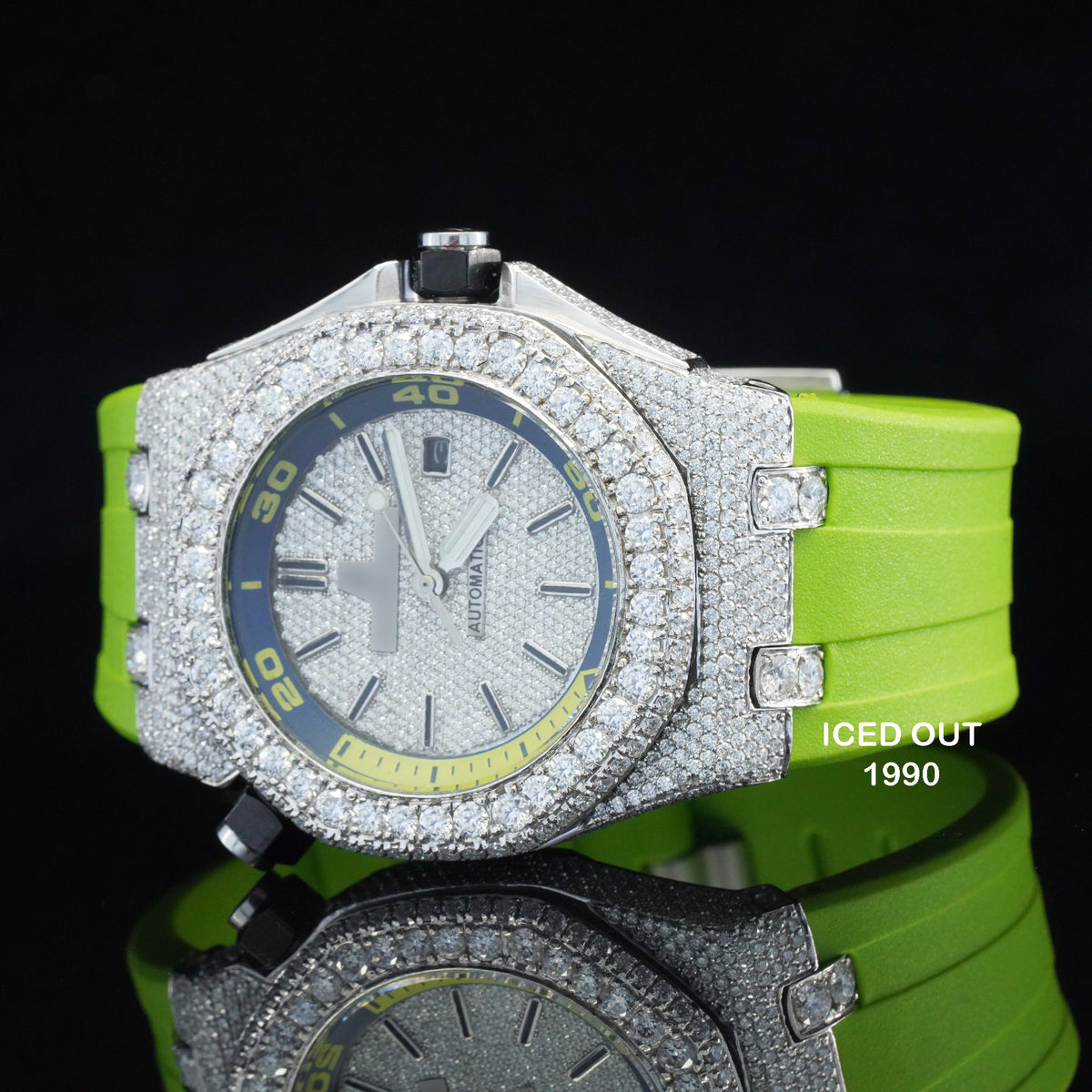 Moissanite Diamond Iced Out Green Color Rubber Belt Automatic Wrist Wa ...