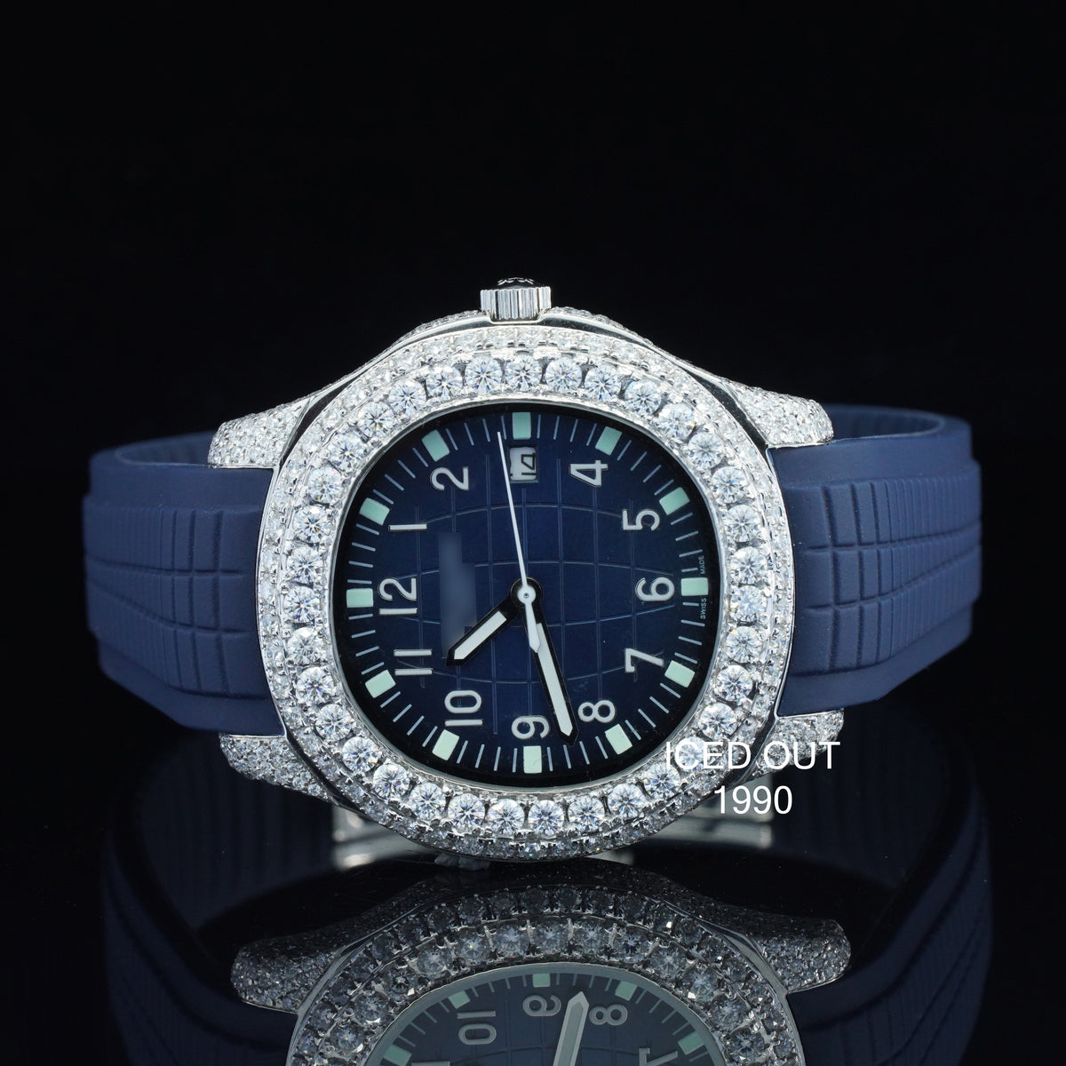 Moissanite Diamond Iced Out Blue Color Rubber Belt Automatic Wrist Wat ...